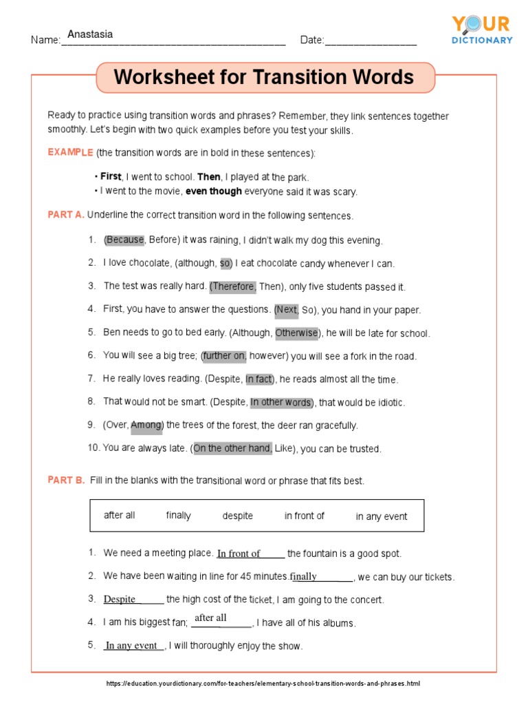 Transitions Worksheet | PDF