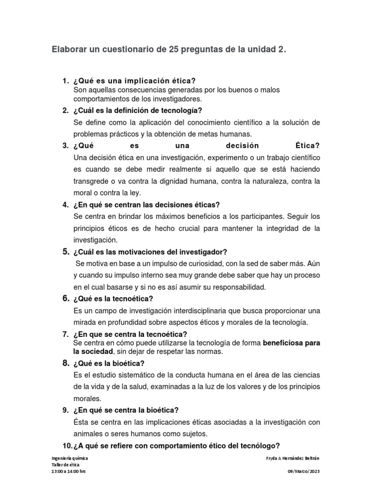 Elaborar Un Cuestionario de 25 Preguntas de La Unidad 2 | PDF | Bioética | Comportamiento
