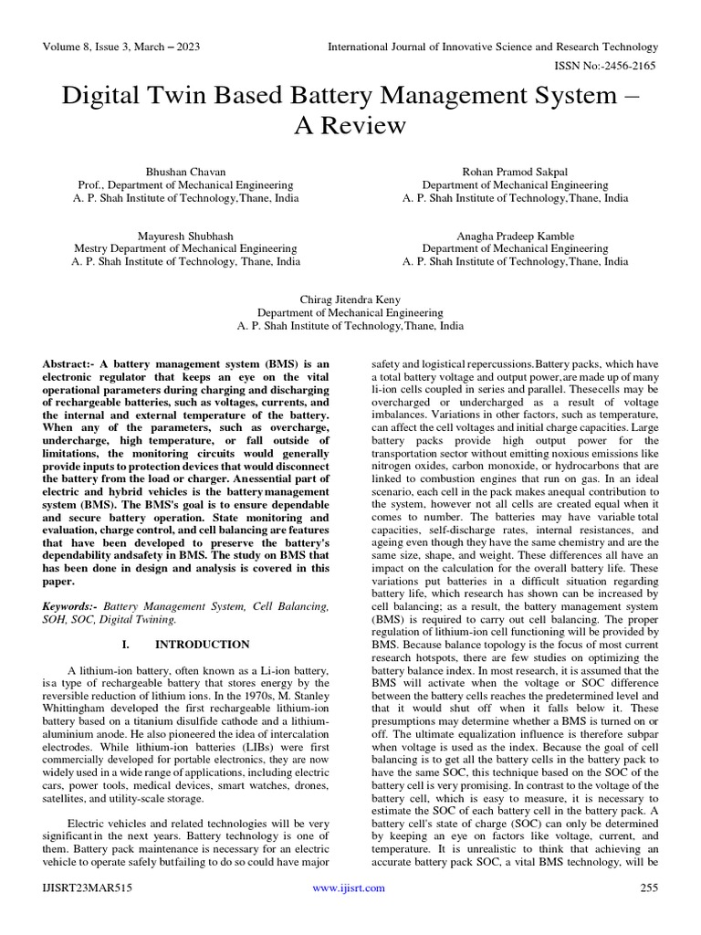 Digital Twin Based Battery Management System - A Review | PDF ...