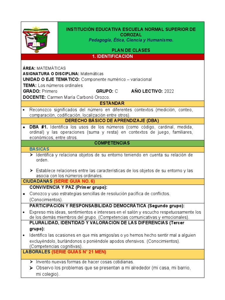 Plan de Clases Matemáticas 1° - Números Ordinales | PDF | Cognición ...
