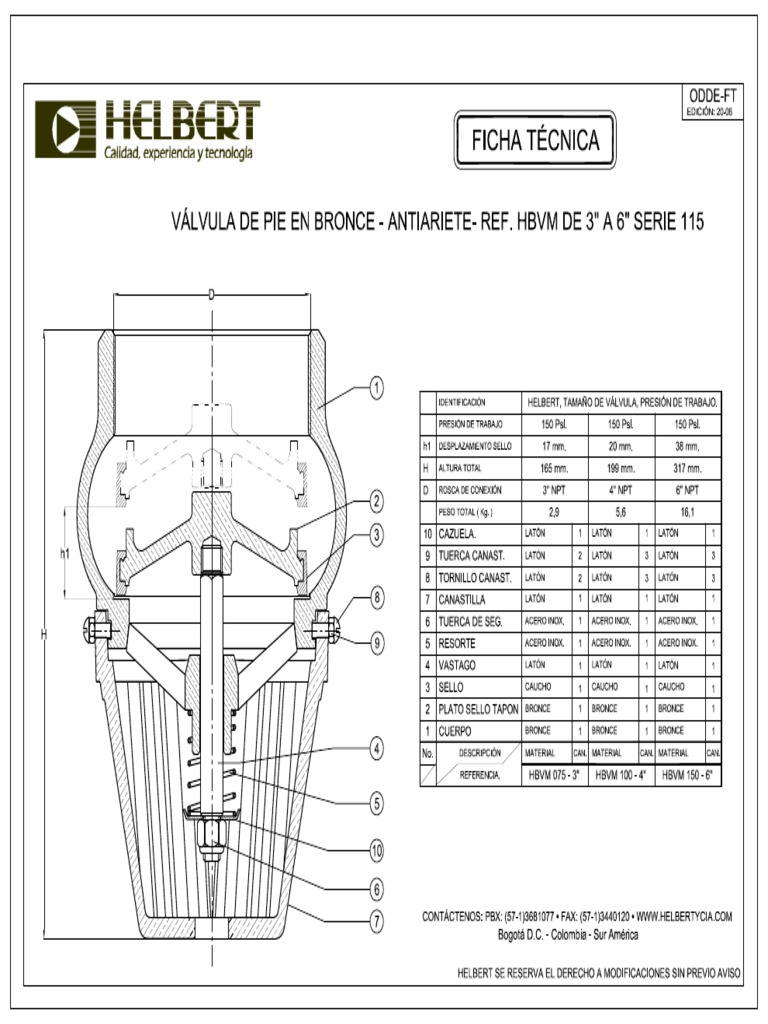 Ficha Tecnica Valvula Pie Bronce Helbert | PDF