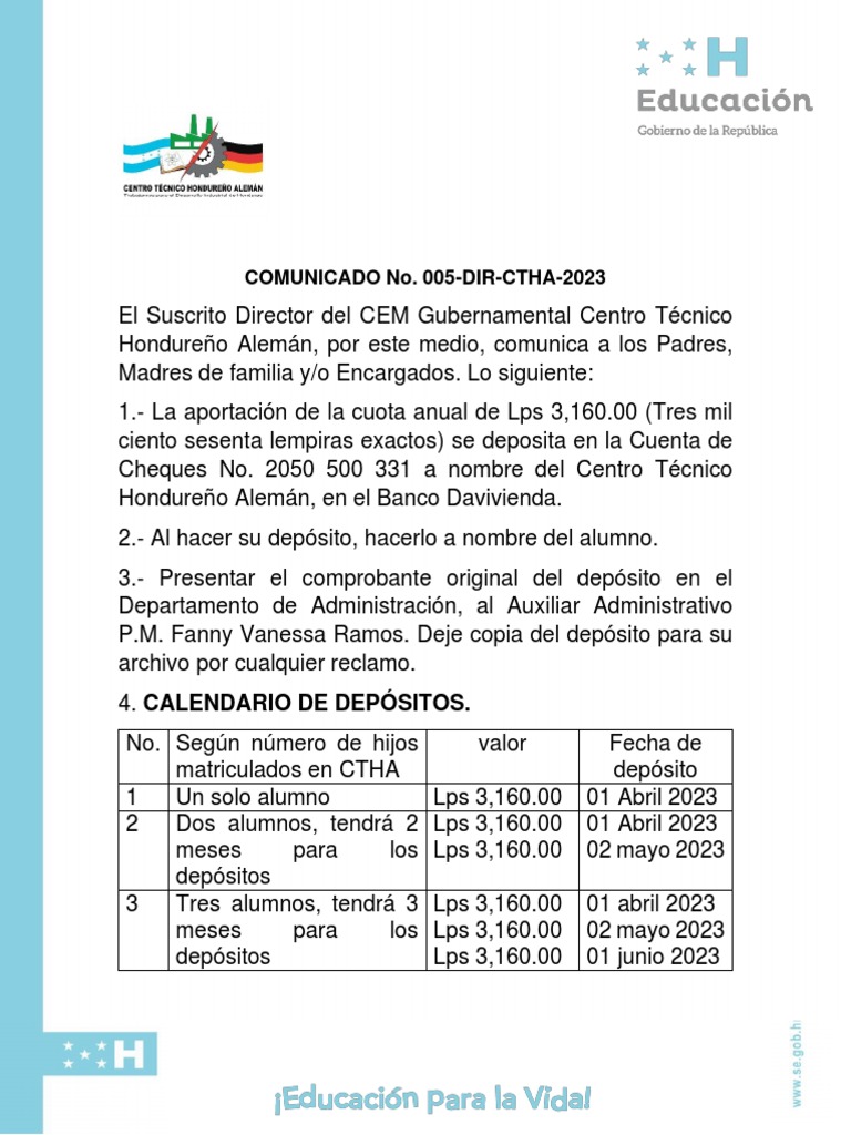 COMUNICADO No. 005-DIR-CTHA-2023 | PDF | Estudios de idiomas extranjeros