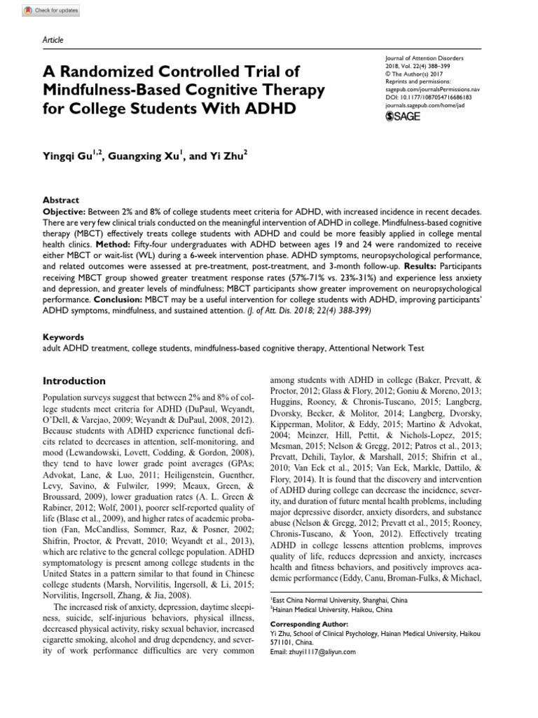 A Randomized Controlled Trial of Mindfulness-Based Cognitive Therapy For College Students With ...