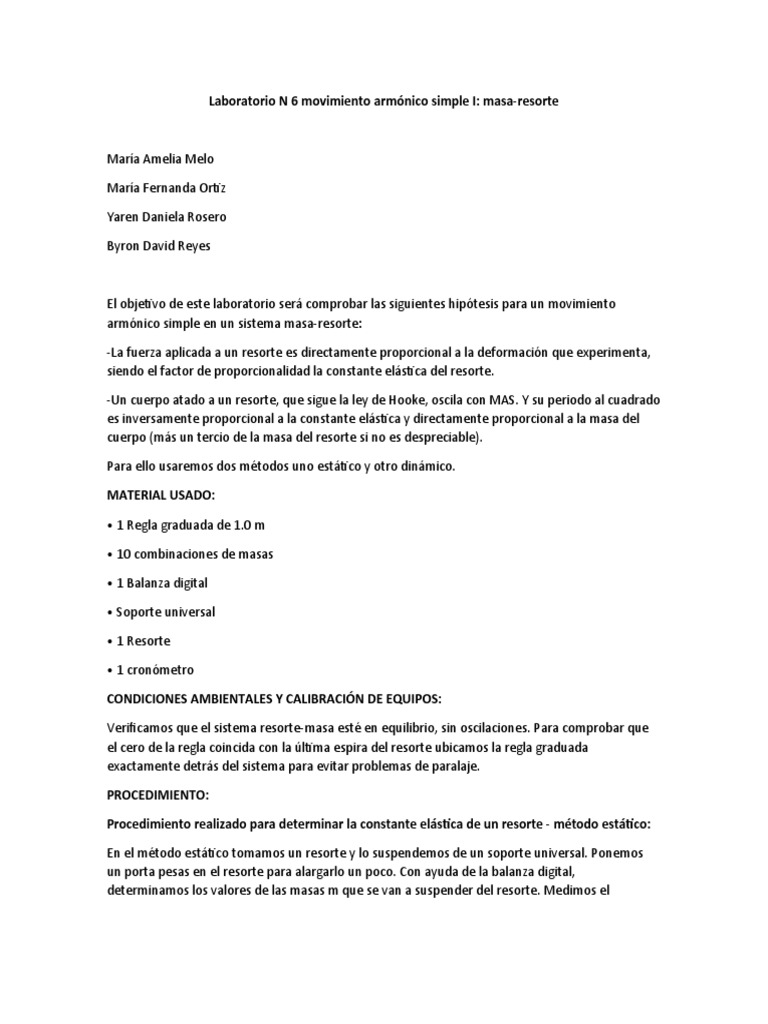 Laboratorio N 6 Movimiento Armónico Simple I Pdf Balanza