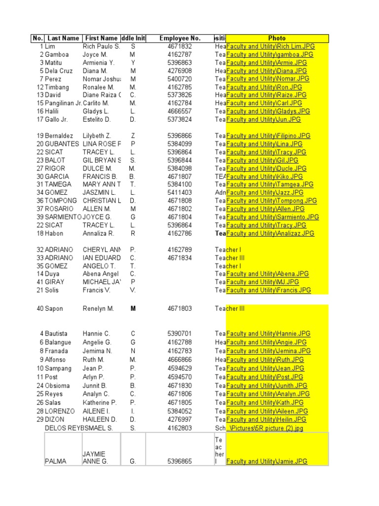 No. Last Name First Namemiddle Initial Employee No. Position Photo | PDF