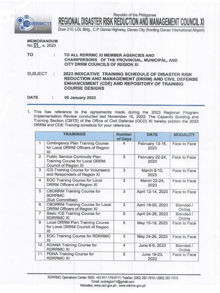 RDRRMC Memorandum No. 1, S. 2023 - 2023 Indicative Training Schedule ...