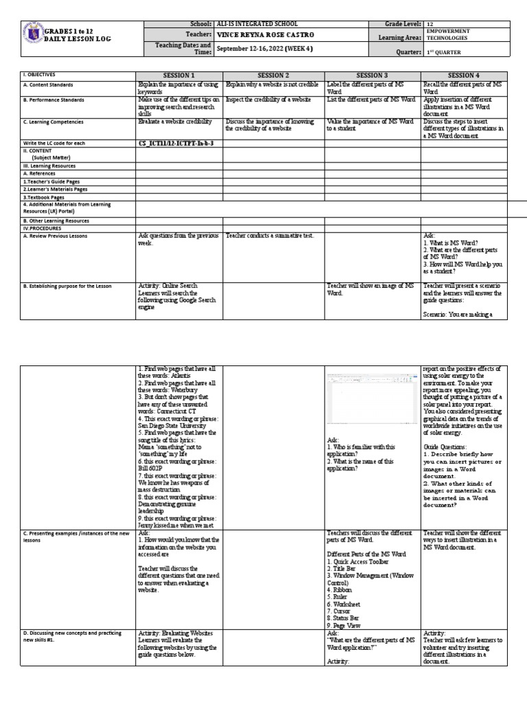 DLL Week 4 Empowerment Technologies | PDF | Learning | Teachers