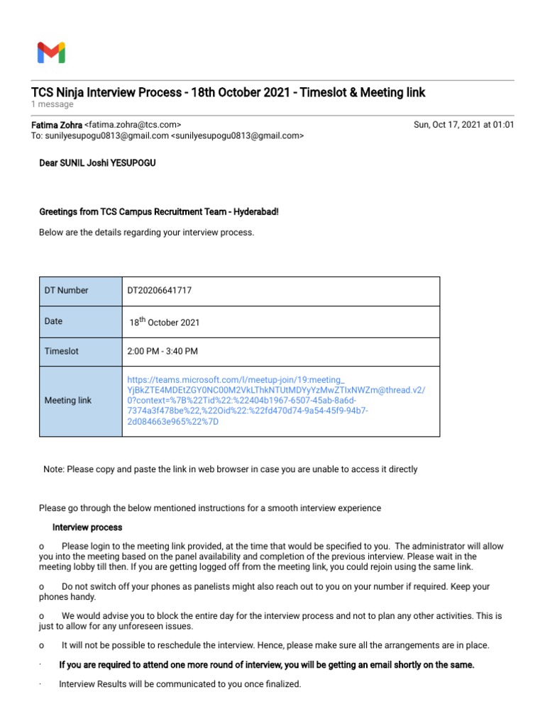 Gmail - TCS Ninja Interview Process - 18th October 2021 - Timeslot ...