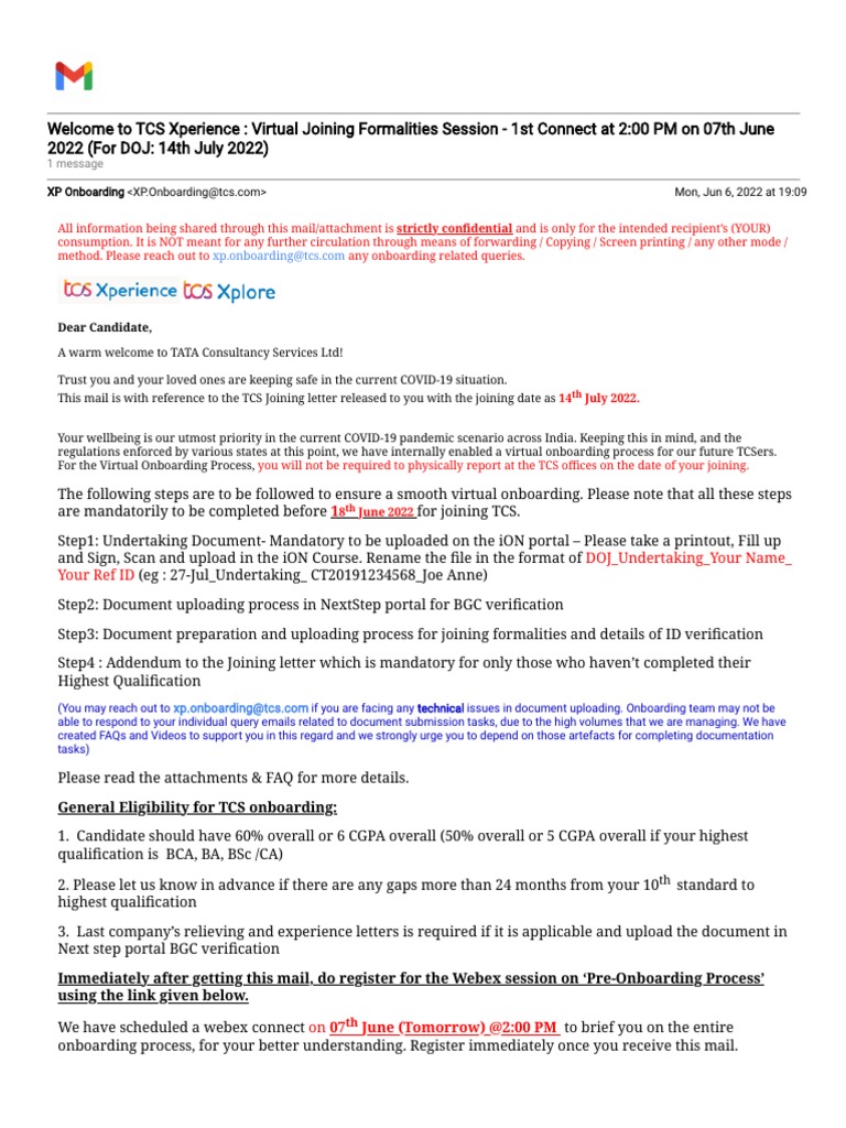 Gmail - Welcome To TCS Xperience - Virtual Joining Formalities Session - 1st Connect at 2 - 00 ...
