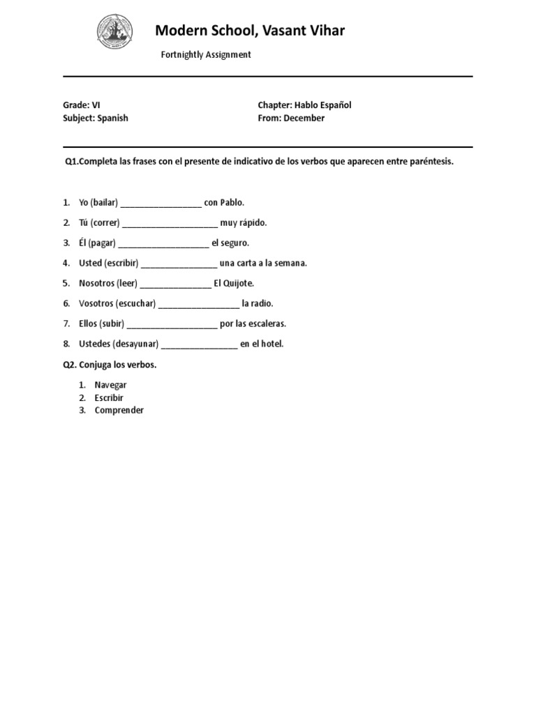 Spanish Assignment For Grade VI-1 | PDF