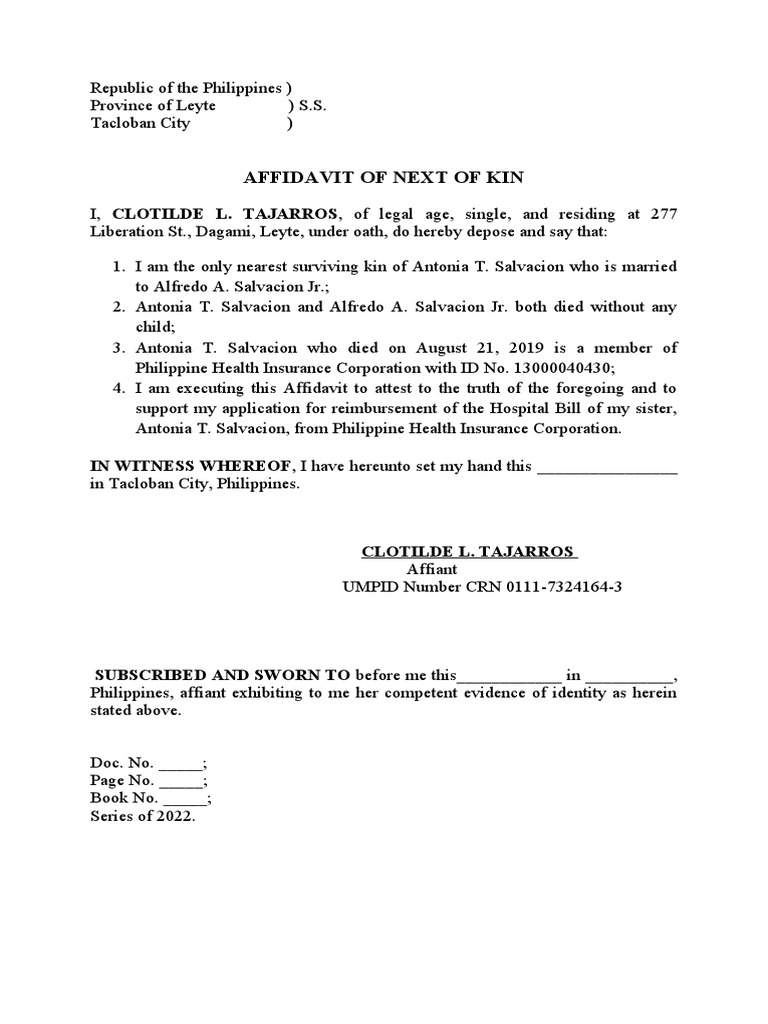 Affidavit of Next of Kin Sample | PDF