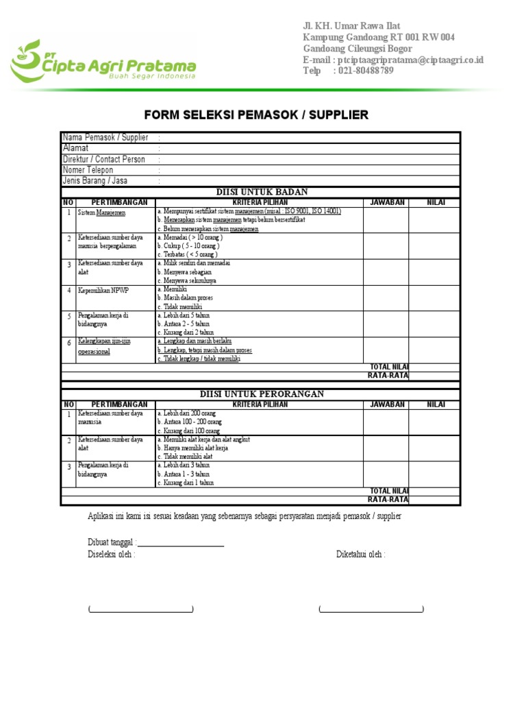 Formulir Seleksi Supplier dan Evaluasi | PDF
