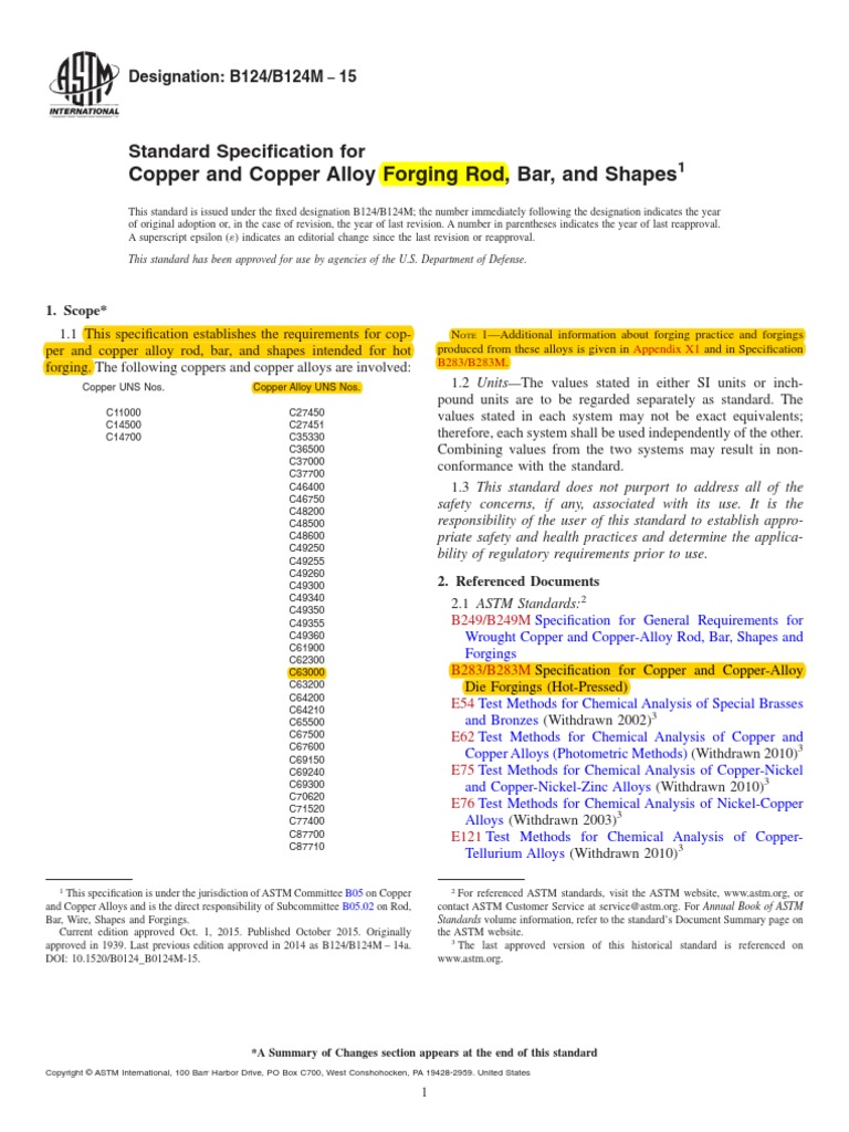 ASTM B 124 (15) - Cu Alloy Forging Rod Bar Shape | Download Free PDF | Brass | Bronze