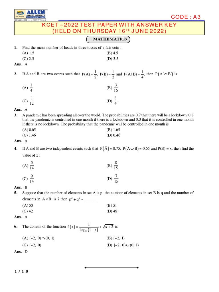 KCET 2022 MATHS Paper With Answer PDF | PDF | Matrix (Mathematics ...
