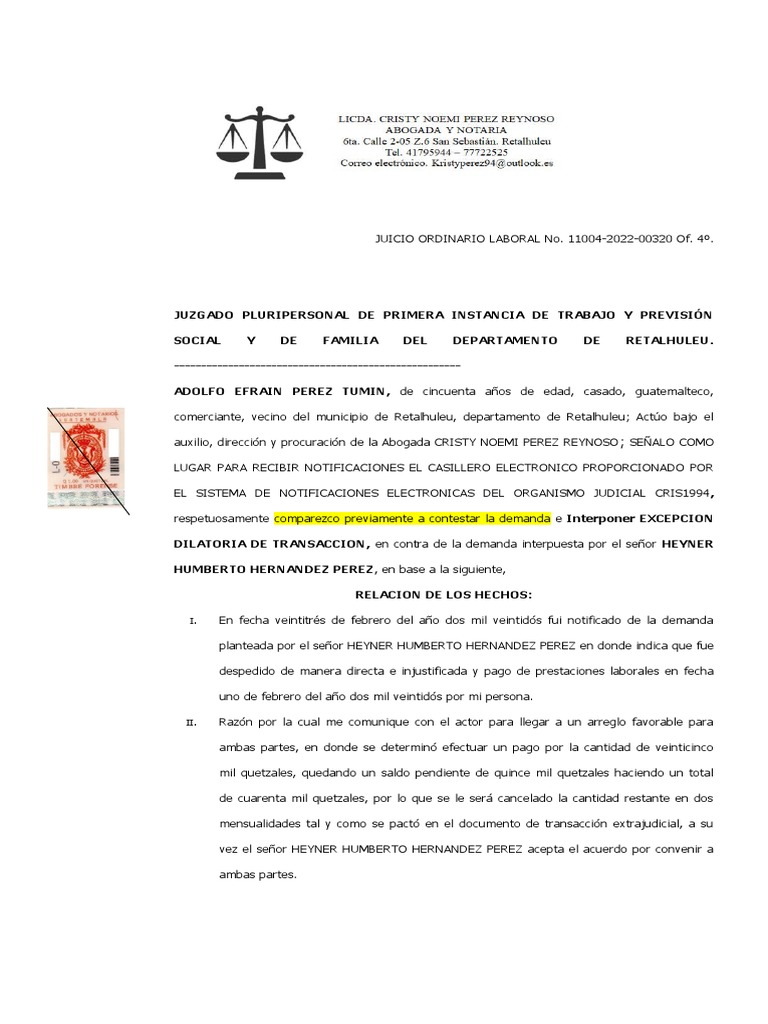 Excepcion Dilatoria Por Transaccion | PDF | Demanda judicial | Derecho ...