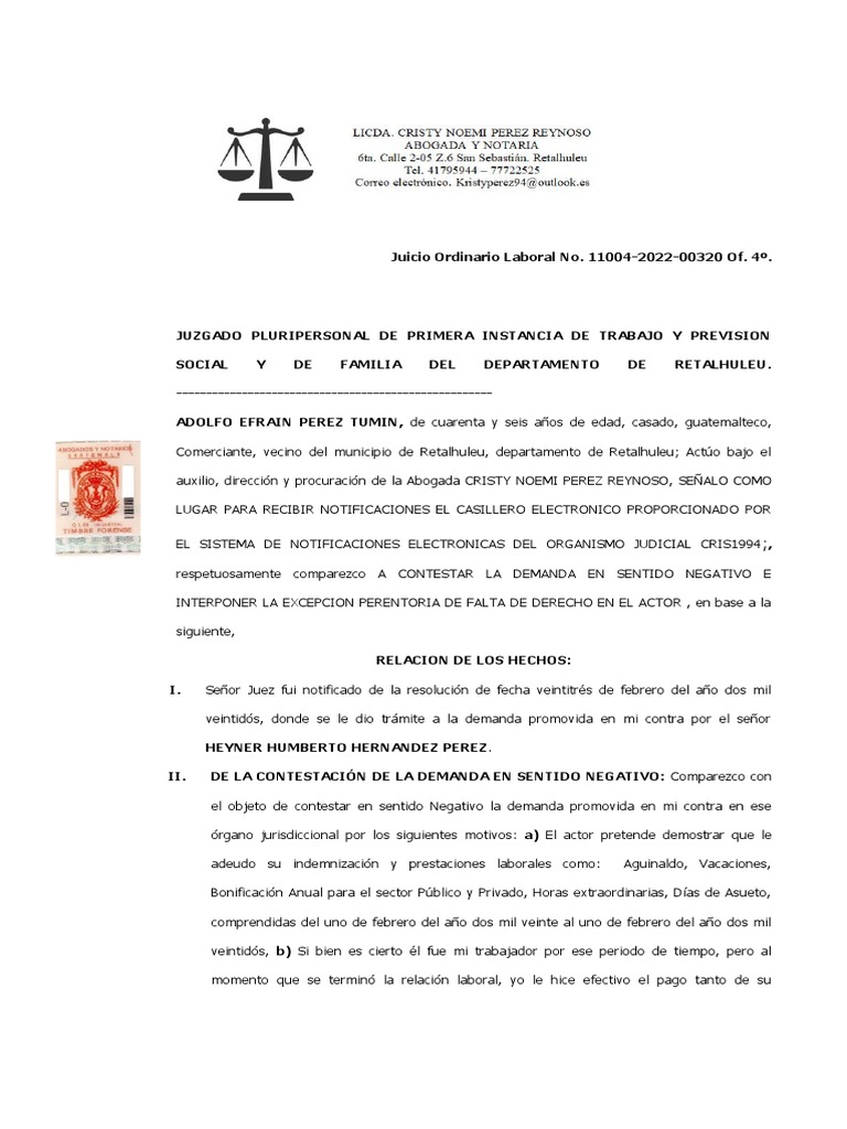 Memorial de Contestación de La Demanda y Excepciones Perentorias | PDF ...