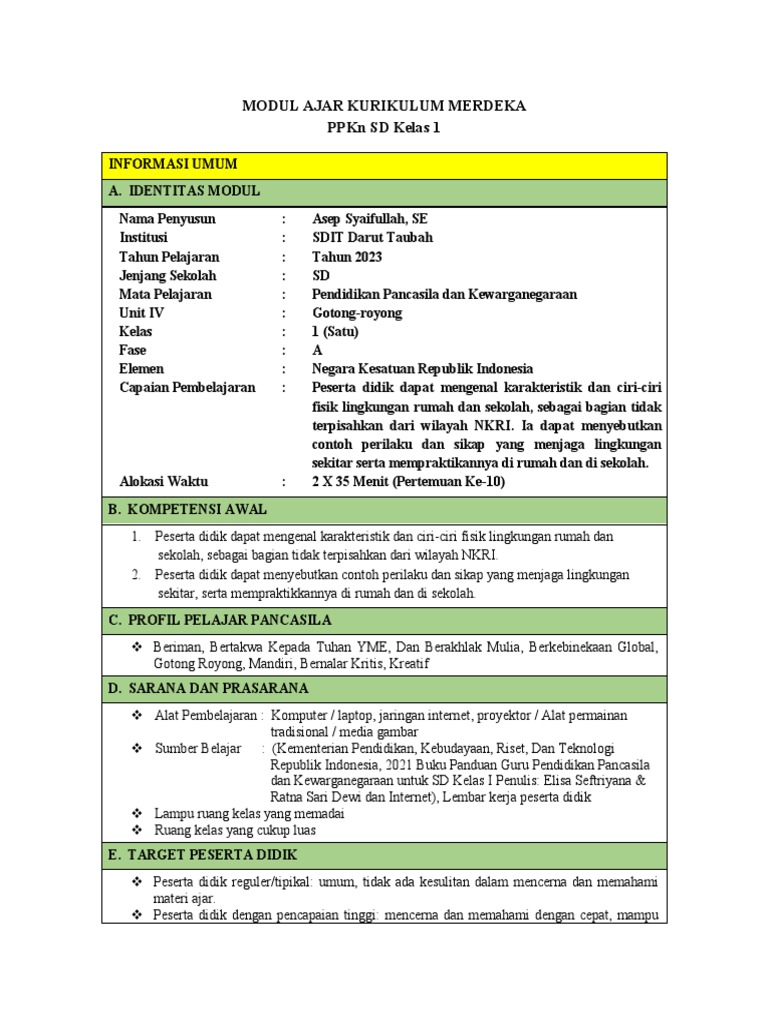 Modul Ajar PKN Kelas 1 Semester 2 Pertemuan Ke 10 | PDF