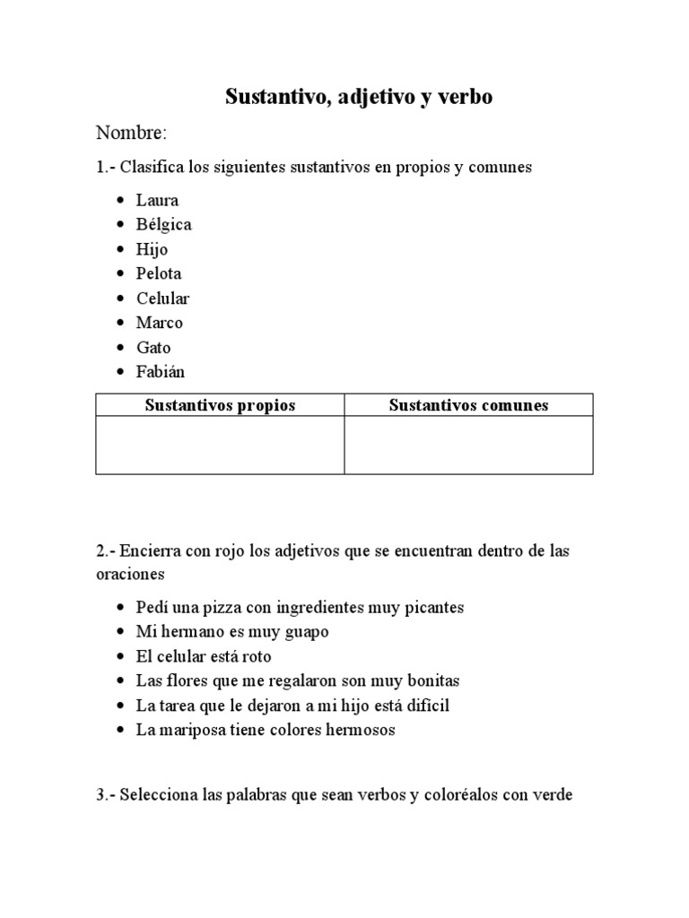 Tarea SEC - Sustantivo, Adjetivo y Verbo | PDF