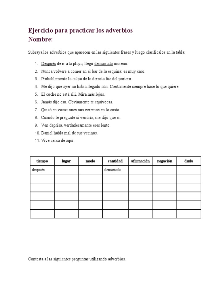Ejercicio de Práctica de Adverbios | PDF