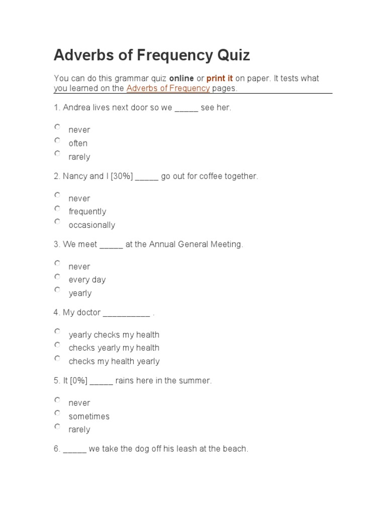 Adverbs of Frequency Quiz Online | PDF