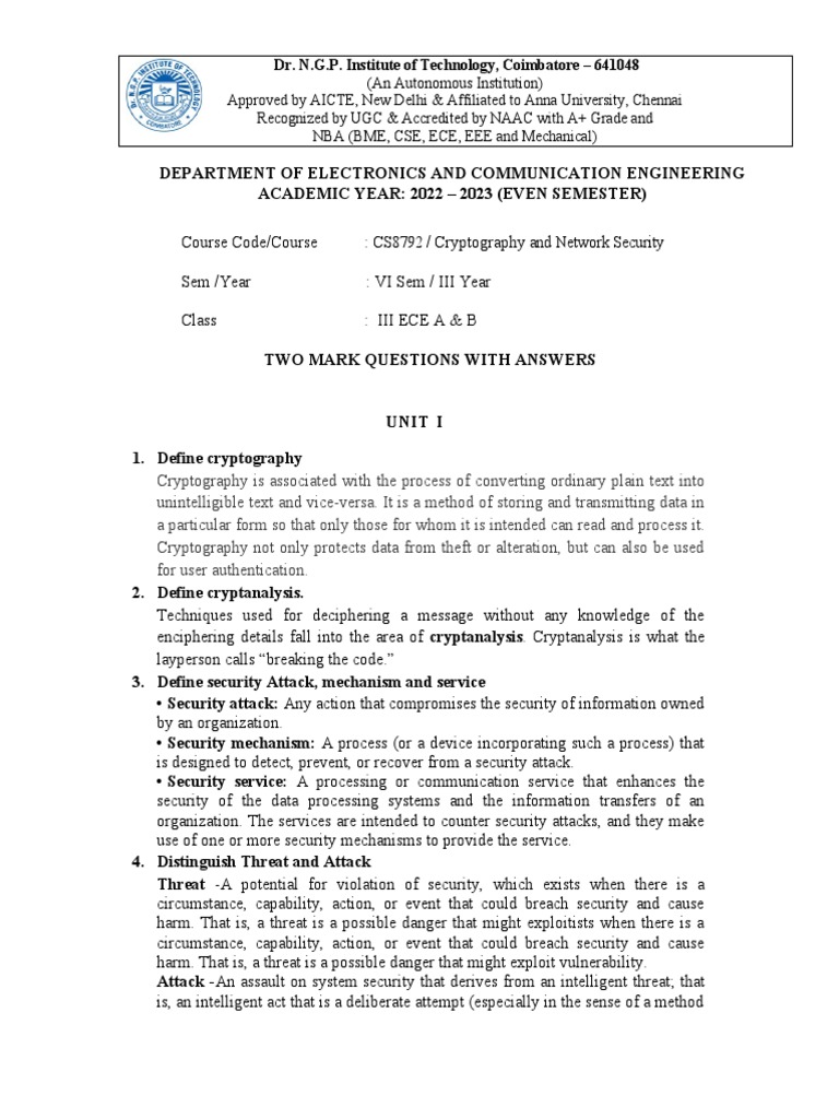 CS8792 CNS Two Marks Questions With Answers | PDF | Encryption | Cryptography