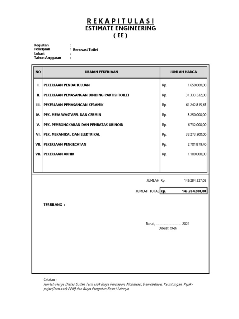 Rekapitulasi: Estimate Engineering (EE) | PDF