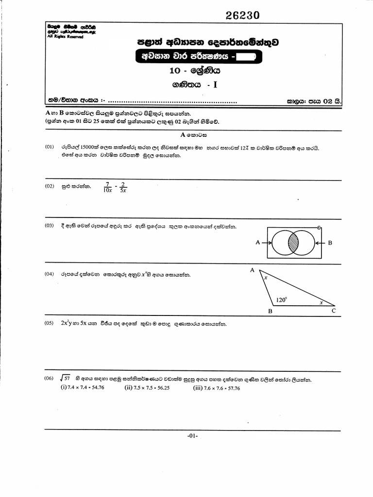 Grade 10 3rd Term Test Model Paper | PDF