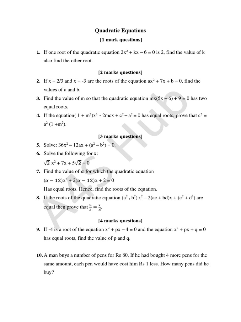 4.quadratic Equations PDF | PDF | Mathematical Objects | Elementary Mathematics