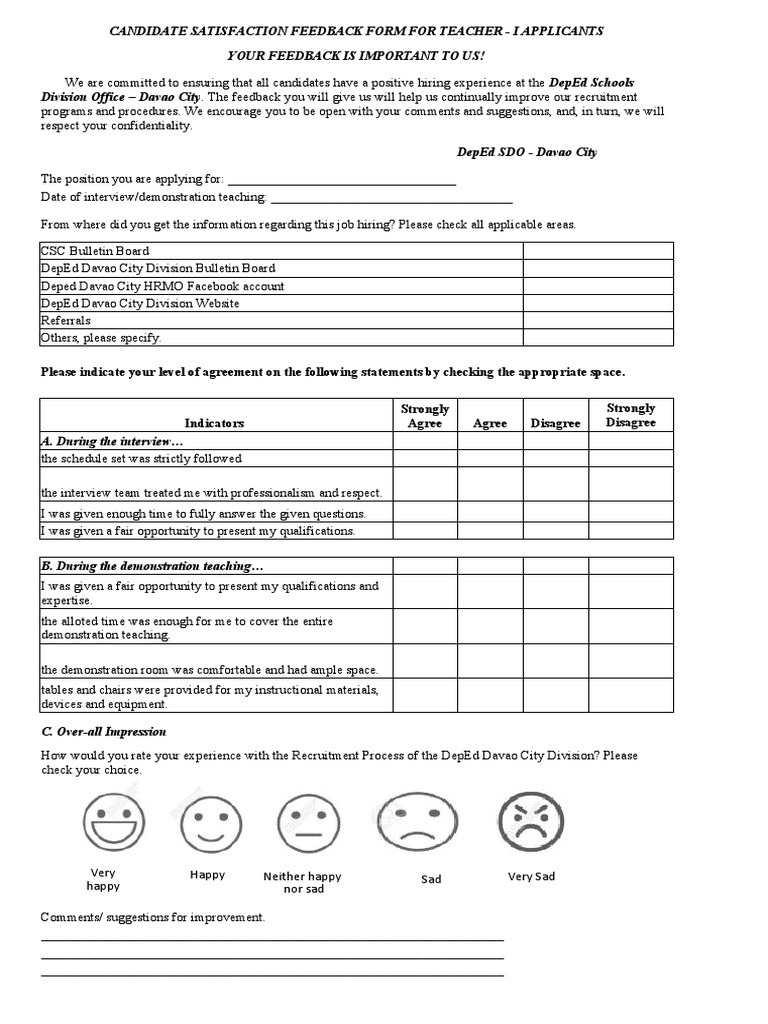 Candidate Satisfaction Feedback Form | Download Free PDF | Recruitment