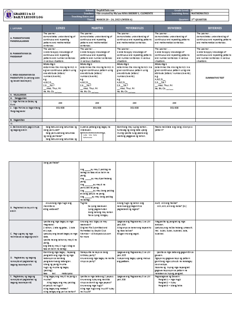 DLL - Mathematics 1 - Q3 - W6 | PDF | Learning | Cognitive Psychology
