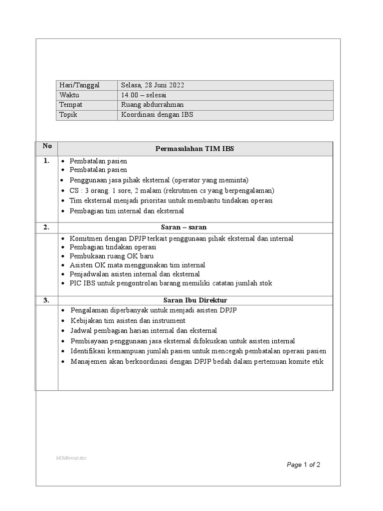 Hasil Rapat Yanmed Ibs 28 Juni 2022 | PDF