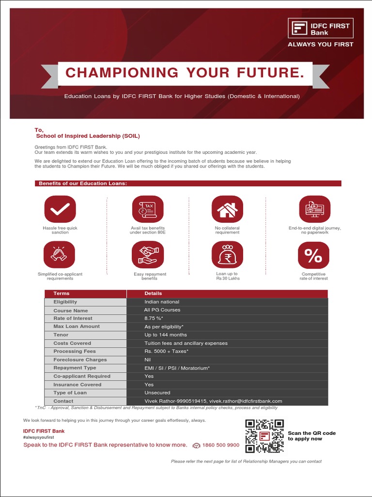 Idfc First Bank | PDF | Loans | Student Loan
