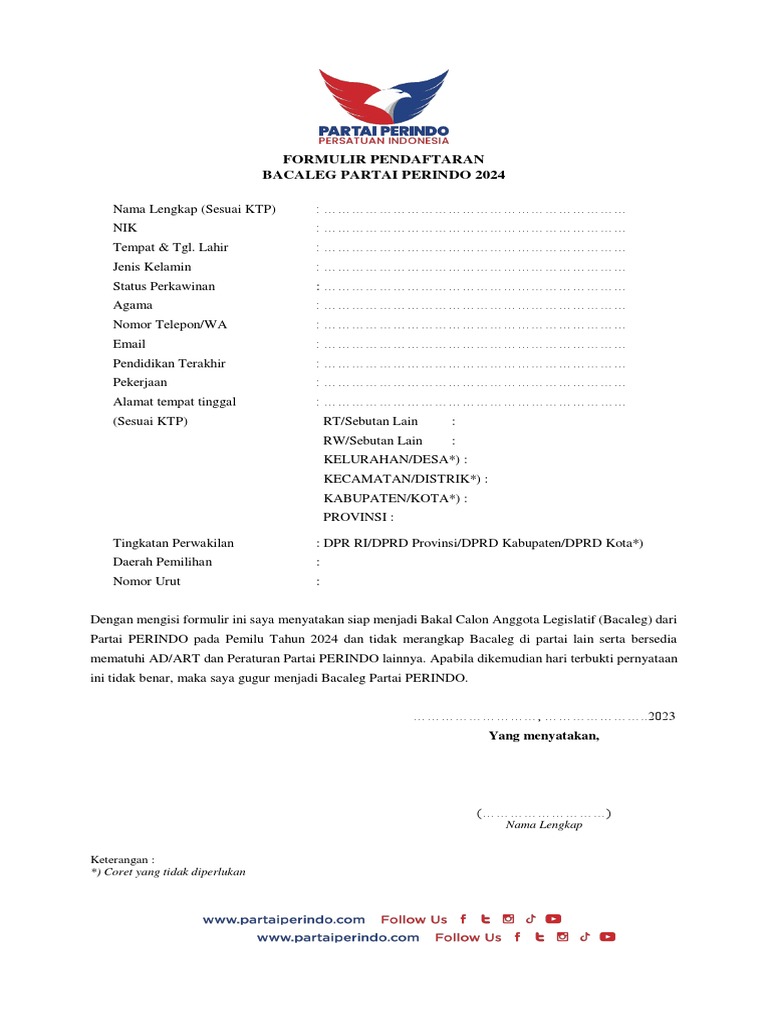 Formulir Pendaftara Bacaleg Perindo PDF | PDF