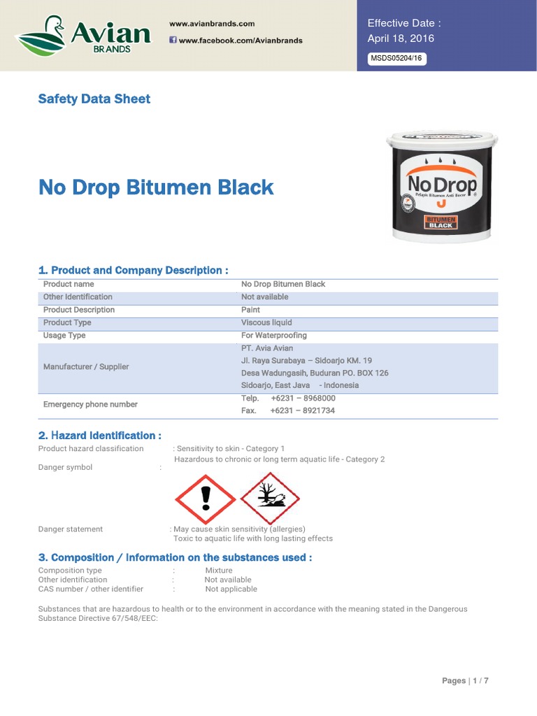 MSDS - NoDrop - Bitumen - Black | PDF | Personal Protective Equipment ...