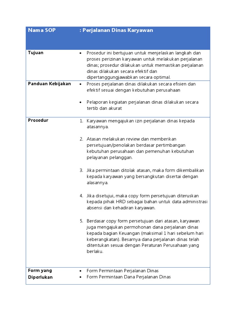 20 SOP Perjalanan Dinas Karyawan | PDF | Bisnis