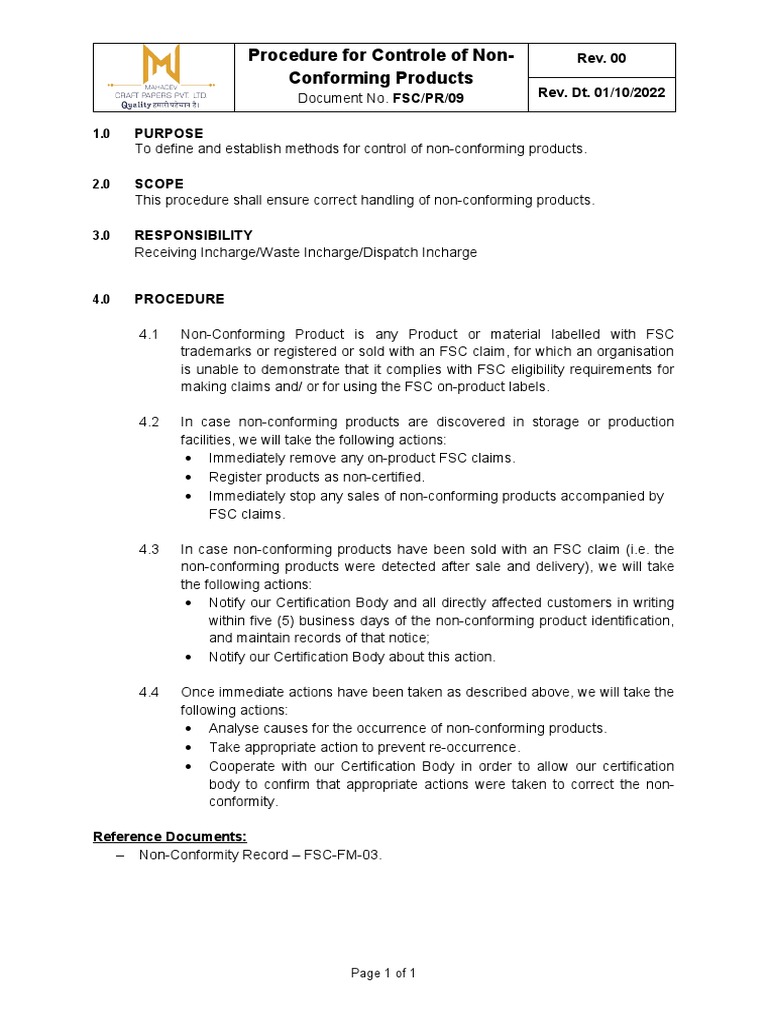 FSC-PR-09 Procedure For Control of Non-Conforming Products | PDF