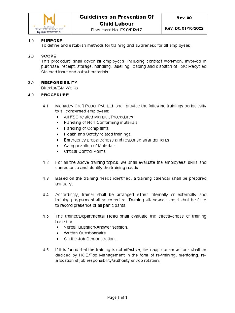 FSC-PR-17 Procedure For Training and Staff Awareness | PDF