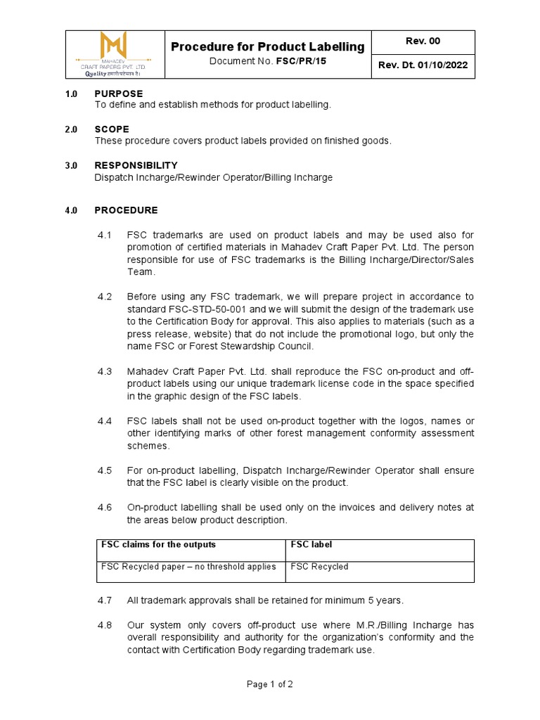 FSC-PR-15 Procedure For Product Labelling | PDF | Forest Stewardship Council
