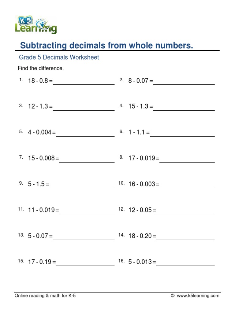 Grade 5 Subtracting Decimals Whole Numbers A | PDF