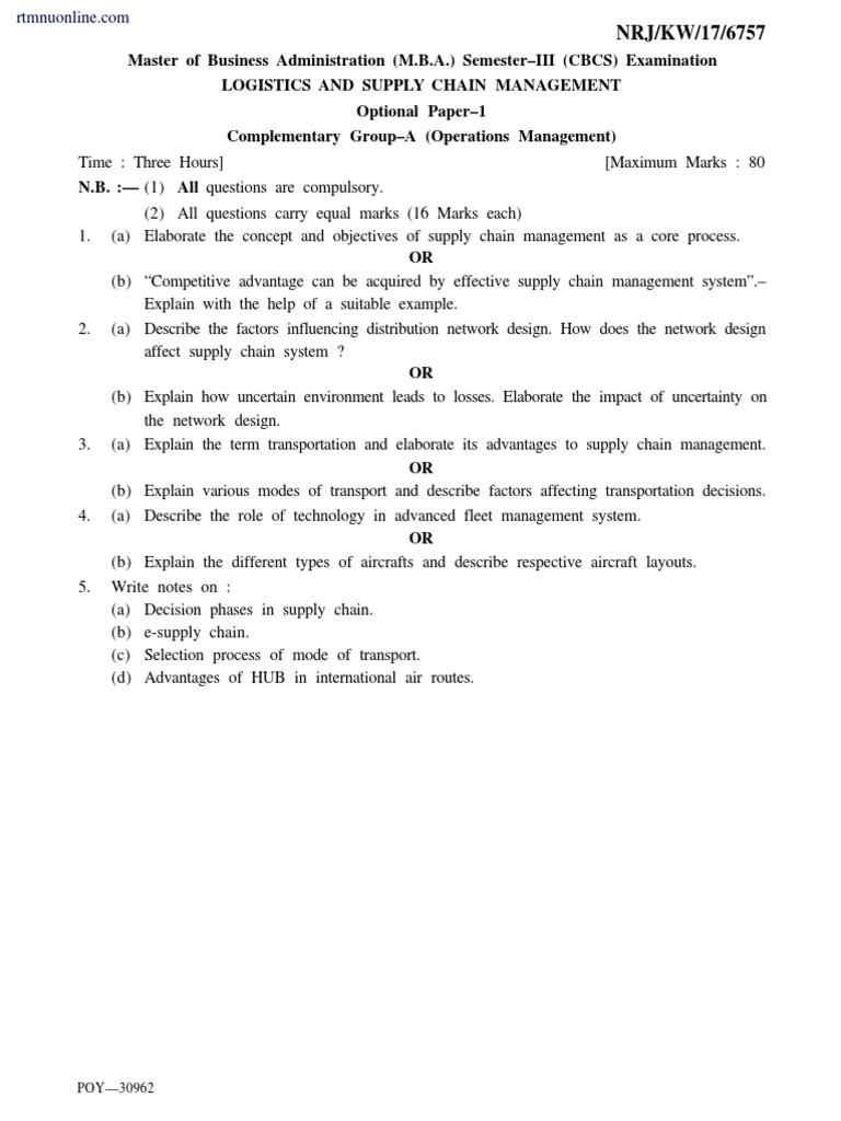 Mba 3 Sem Logistics and Supply Chain Management Cbcs Winter 2017 | PDF