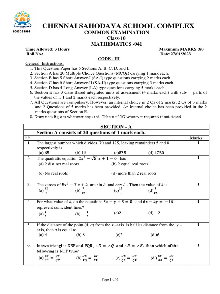 X Maths QP Code 3 PDF | Download Free PDF | Circle | Triangle