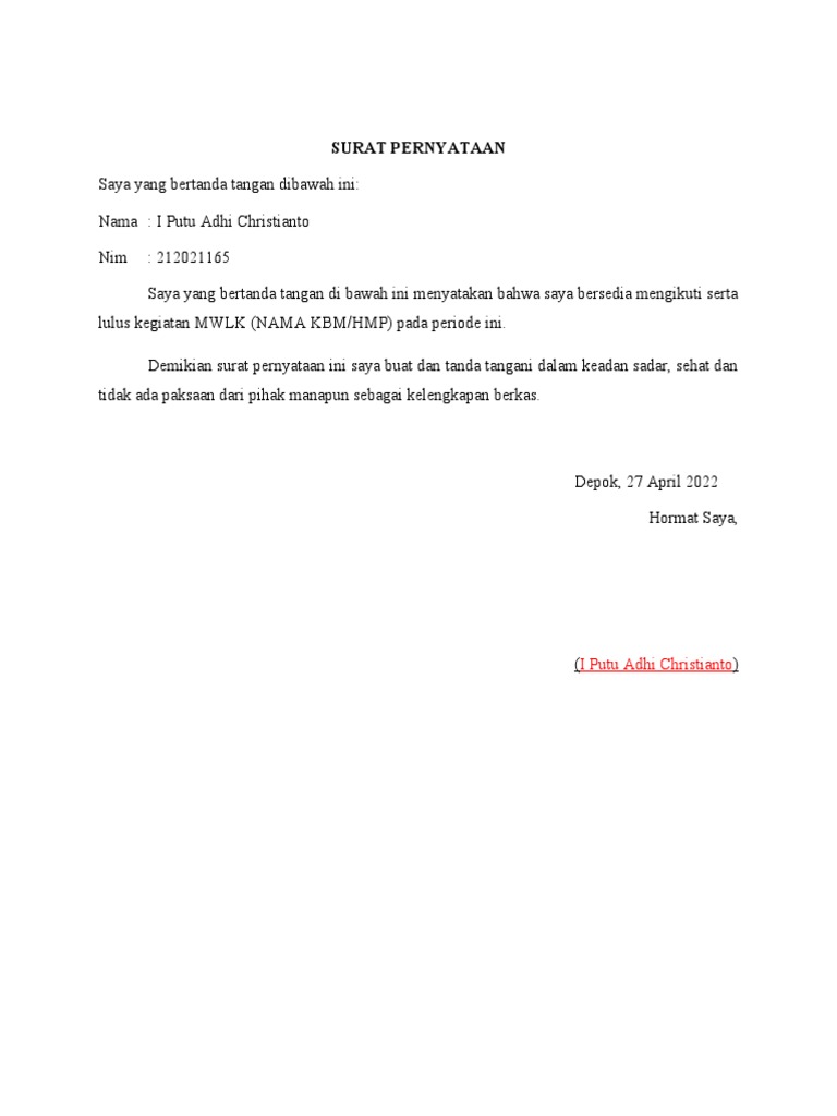 Surat Pernyataan MWLK | PDF