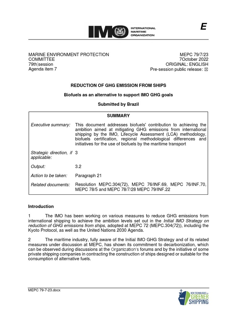 MEPC 79-7-23 - Biofuels As An Alternative To Support IMO GHG Goals (Brazil) | PDF | Life Cycle ...
