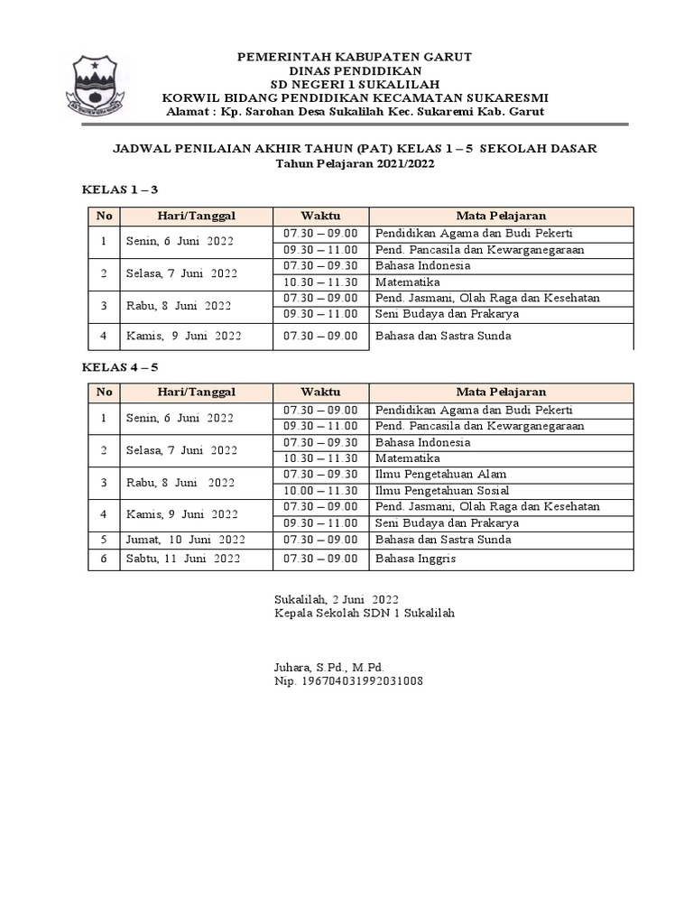JADWAL PAT 1-5 TH 2021 - 2022 SDN 1 Sukalilah | PDF
