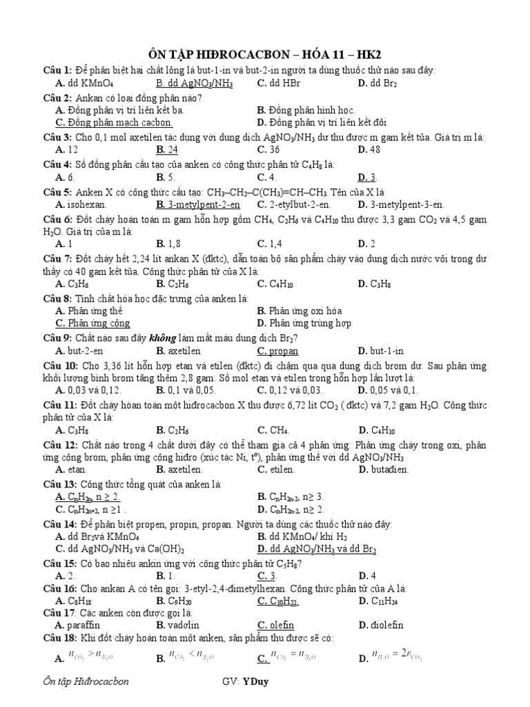 On Tap Kiem Tra Hidrocacbon Ankan Anken Ankin Hoa 11 | PDF