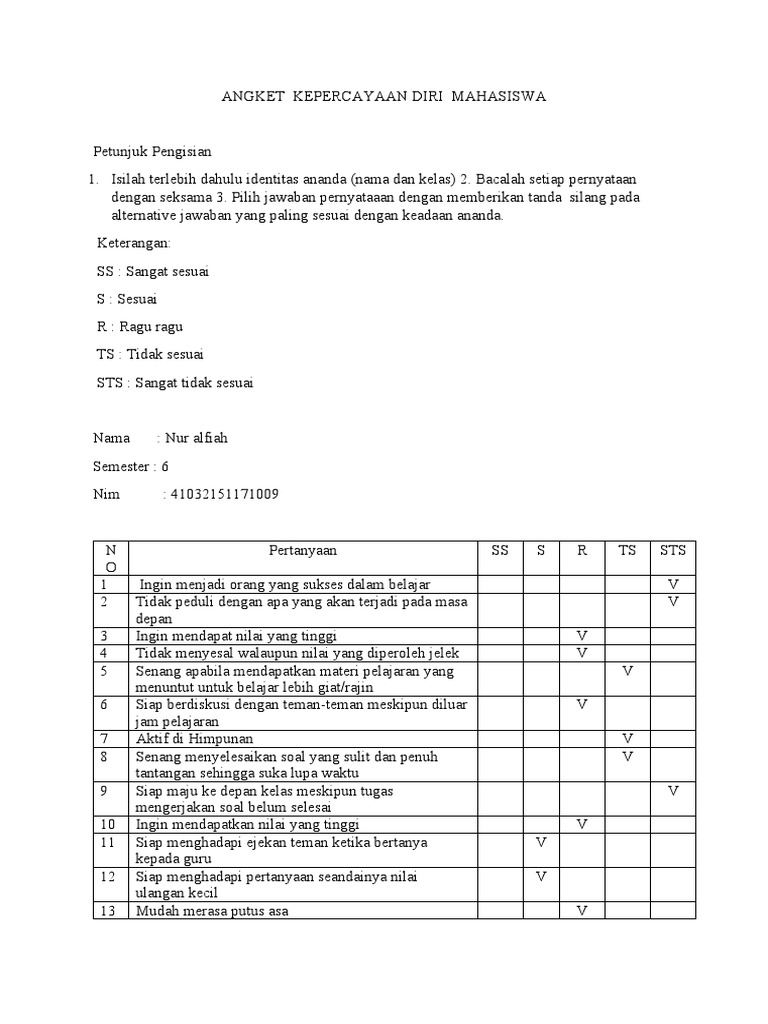 ANGKET KEPERCAYAAN DIRI MAHASISWA-1.docx | PDF