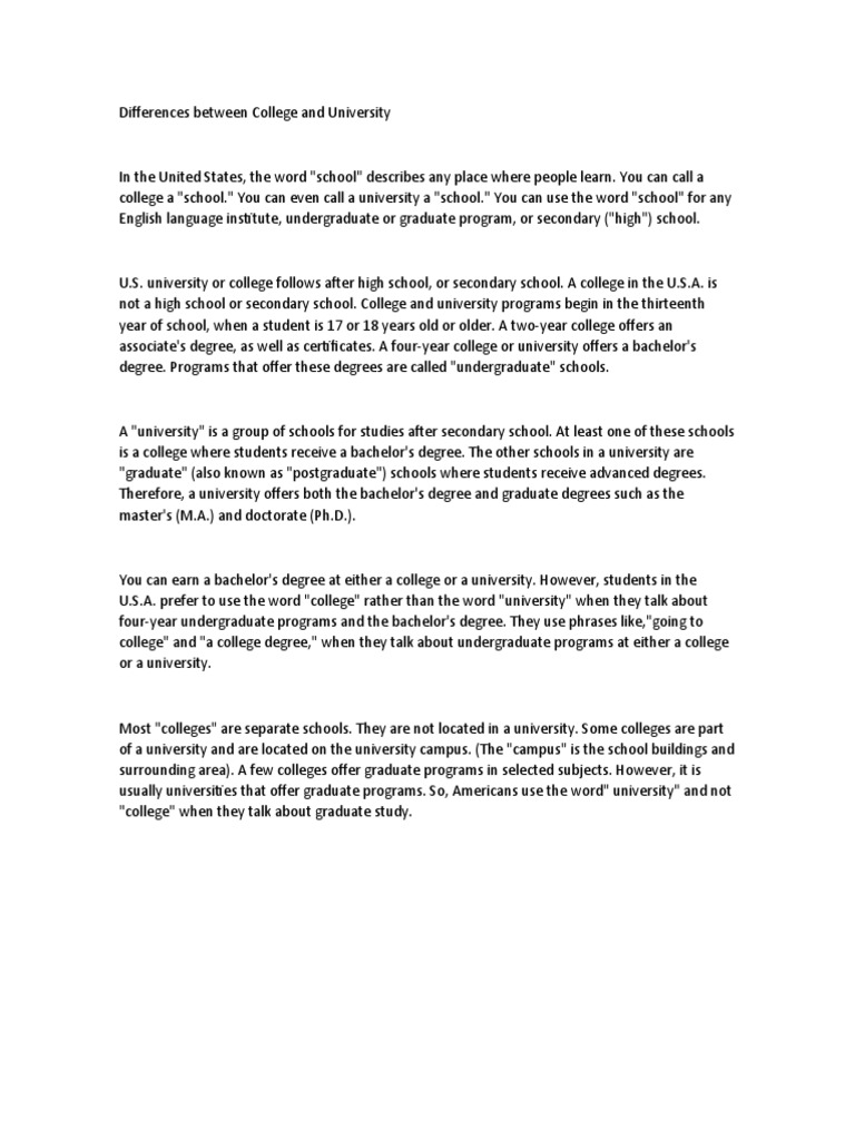 Differences Between College and University | PDF