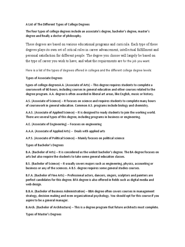 A List of The Different Types of College Degrees | PDF | Academic ...