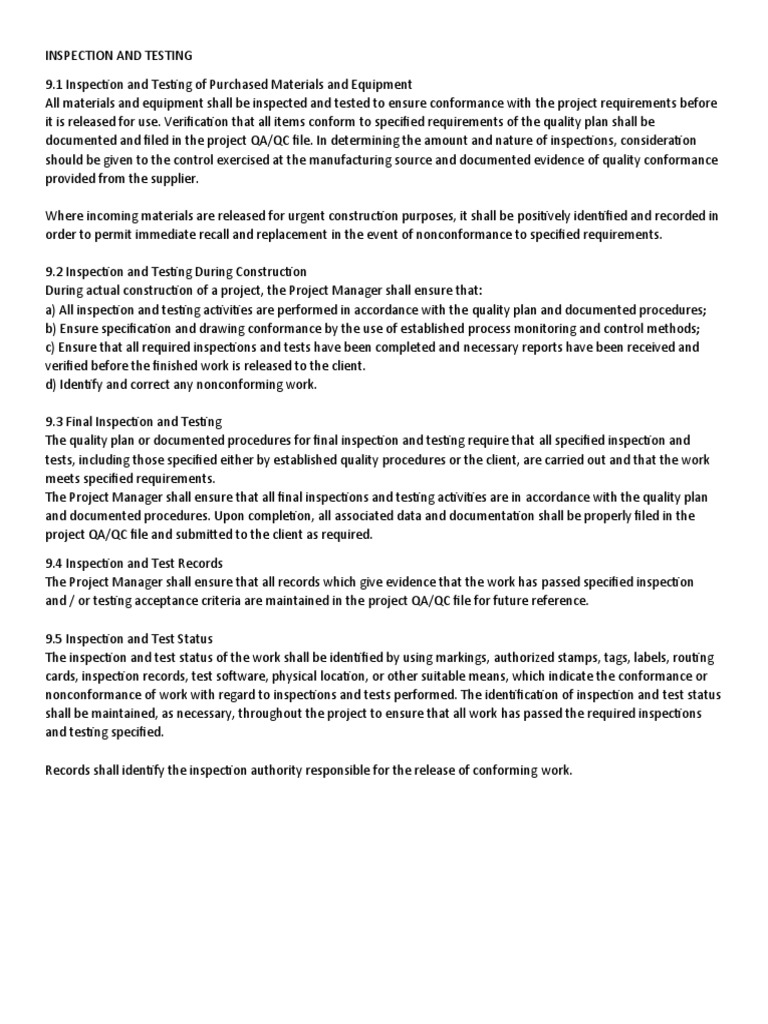 INSPECTION AND TESTING - Procedures | PDF