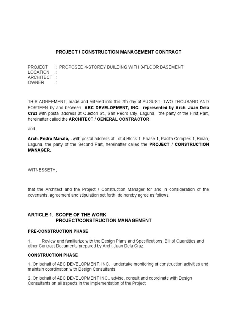 Project Management Contract | PDF | General Contractor | Specification (Technical Standard)